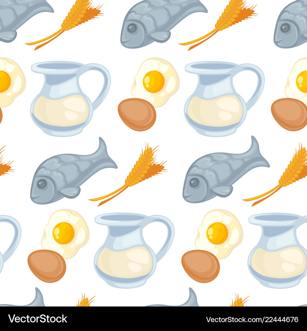 Fish and milk eggs and wheat crops meal seamless Vector Image