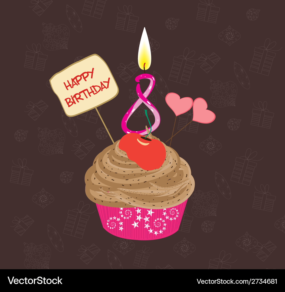 Birthday cupcake with lit candle in shape Vector Image