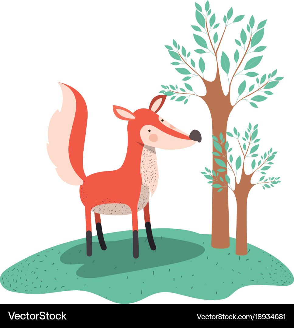 Fox cartoon in forest next to the trees Royalty Free Vector