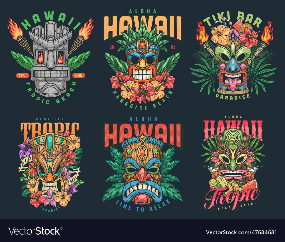 Hawaiian totems colorful set logotypes Royalty Free Vector
