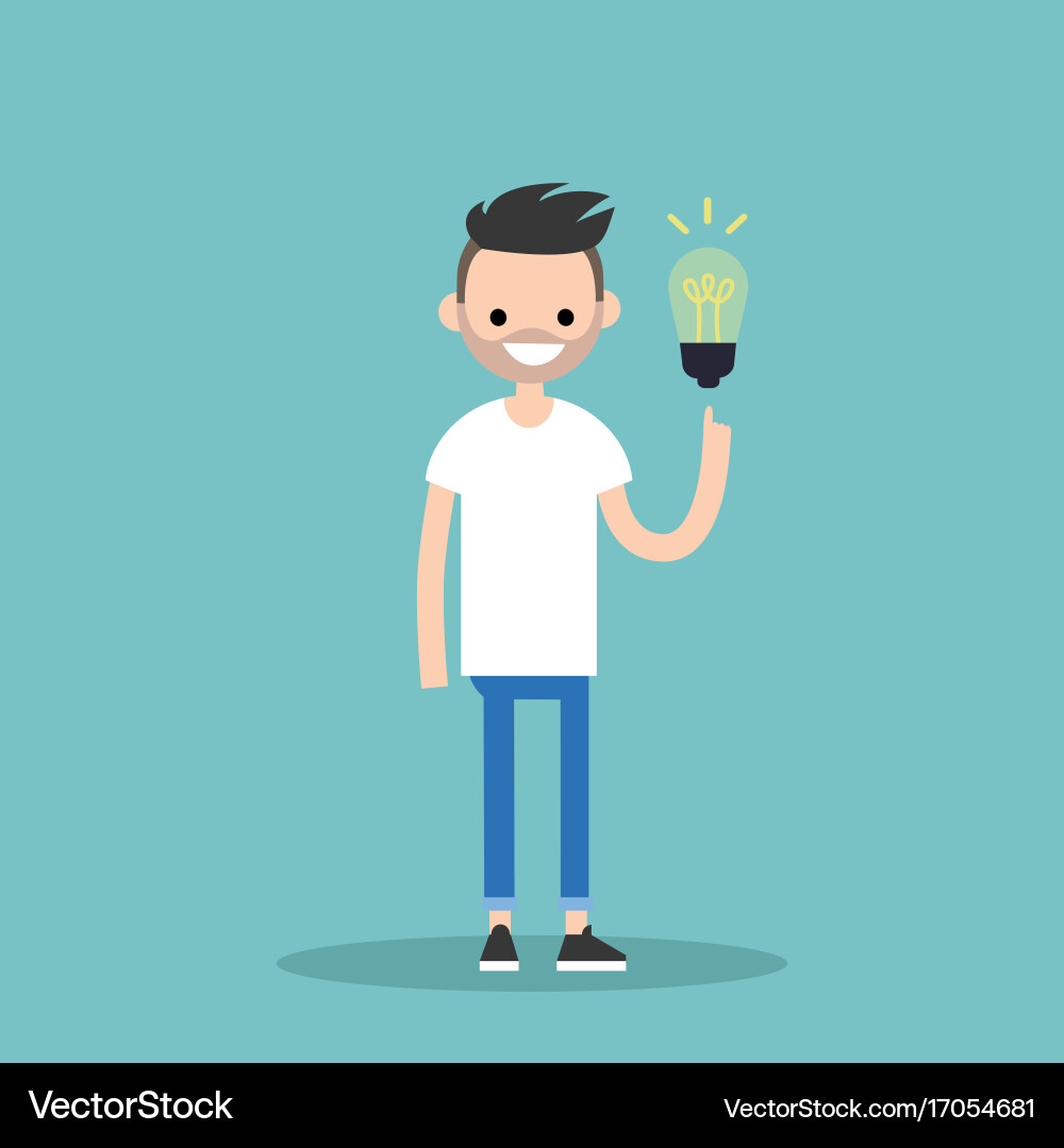 Idea concept aha moment young smiling bearded guy Vector Image