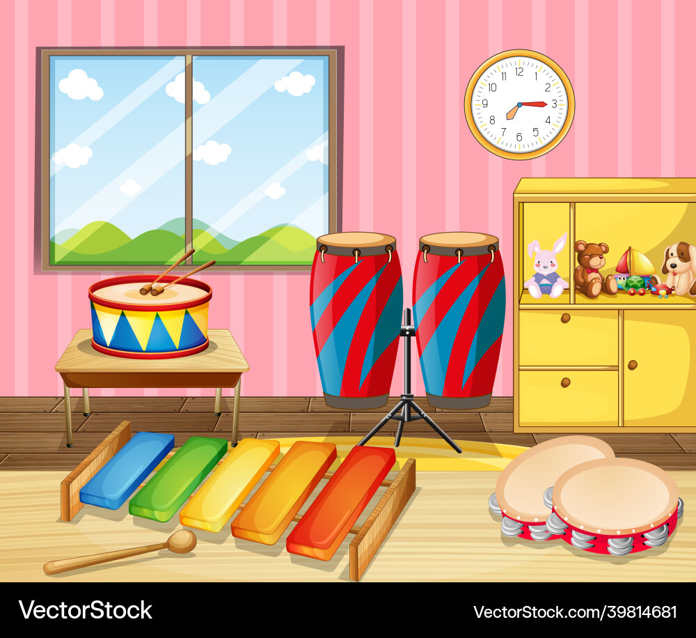 Music classroom with various musical instrument Vector Image