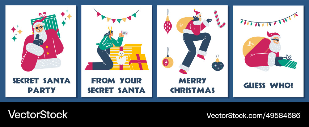 Secret santa posters set cartoon flat Royalty Free Vector