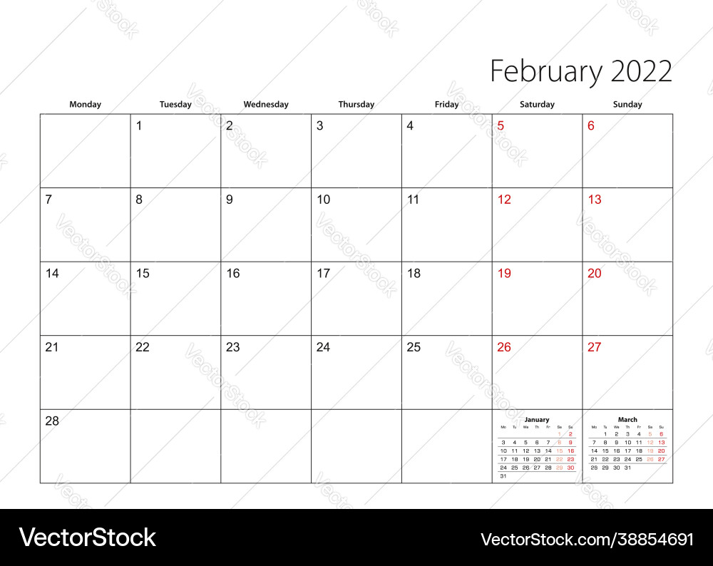 February 2022 simple calendar planner week starts Vector Image