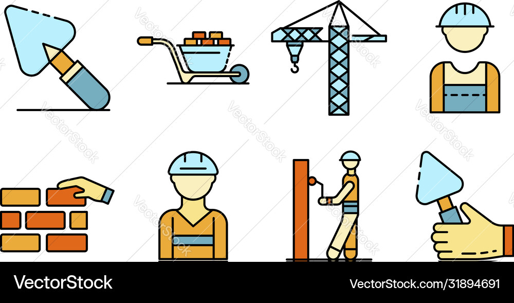 Masonry worker icons set line color Royalty Free Vector
