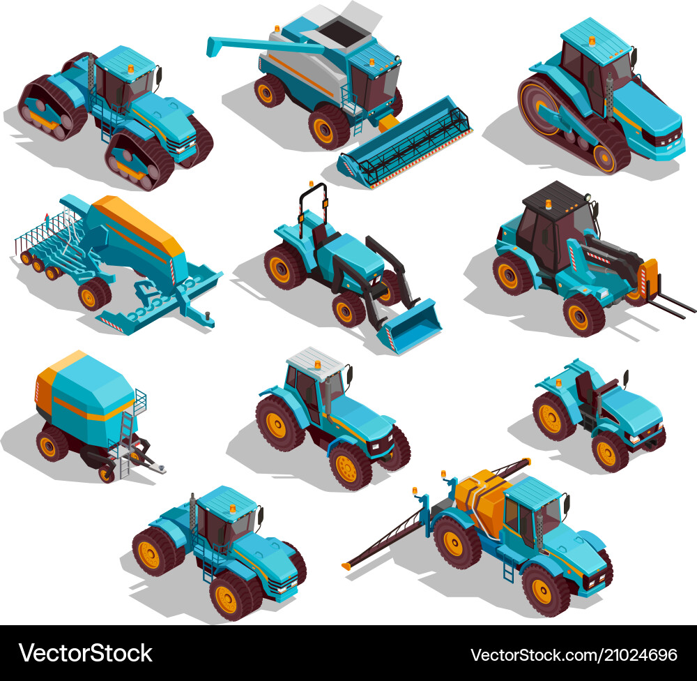 Agricultural machines isometric icons set Vector Image
