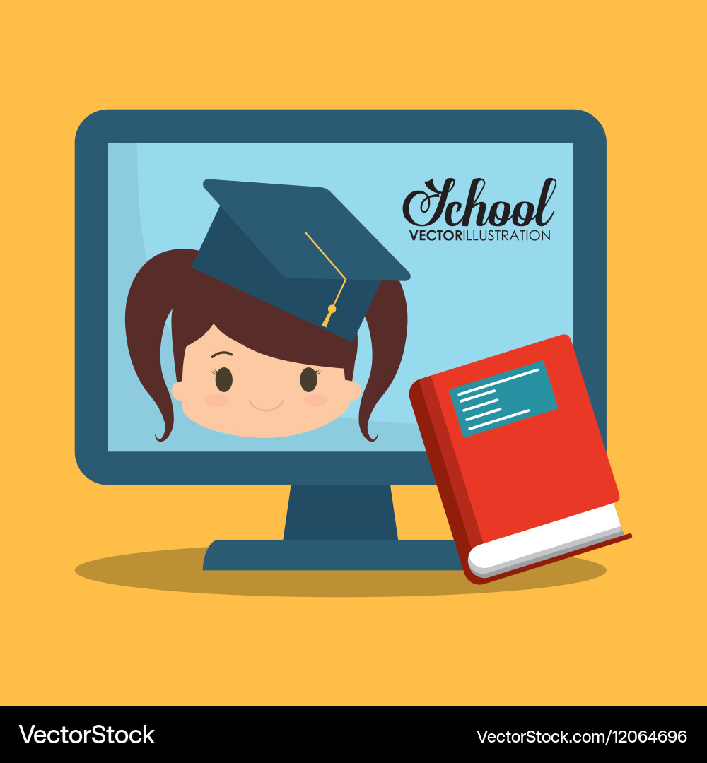 Cartoon girl red book computer school Royalty Free Vector