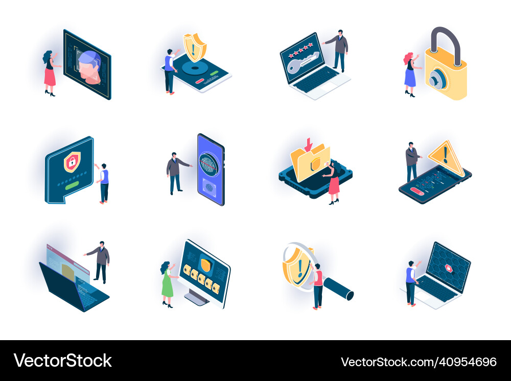 Cyber security isometric icons set secure Vector Image