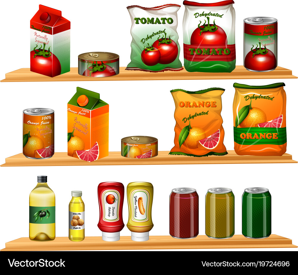 Food in different packages on shelves Royalty Free Vector