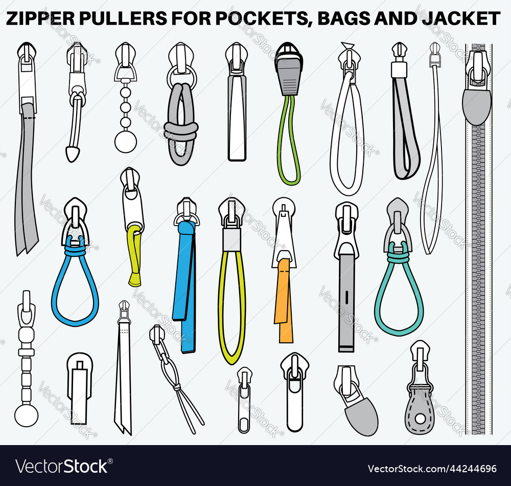 Zipper puller flat sketch set different types Vector Image