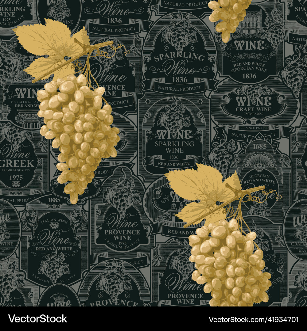 Seamless pattern of grape bunches and wine labels Vector Image