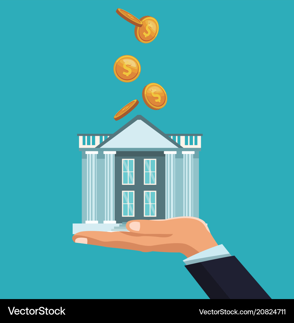 Coins falling to bank building Royalty Free Vector Image