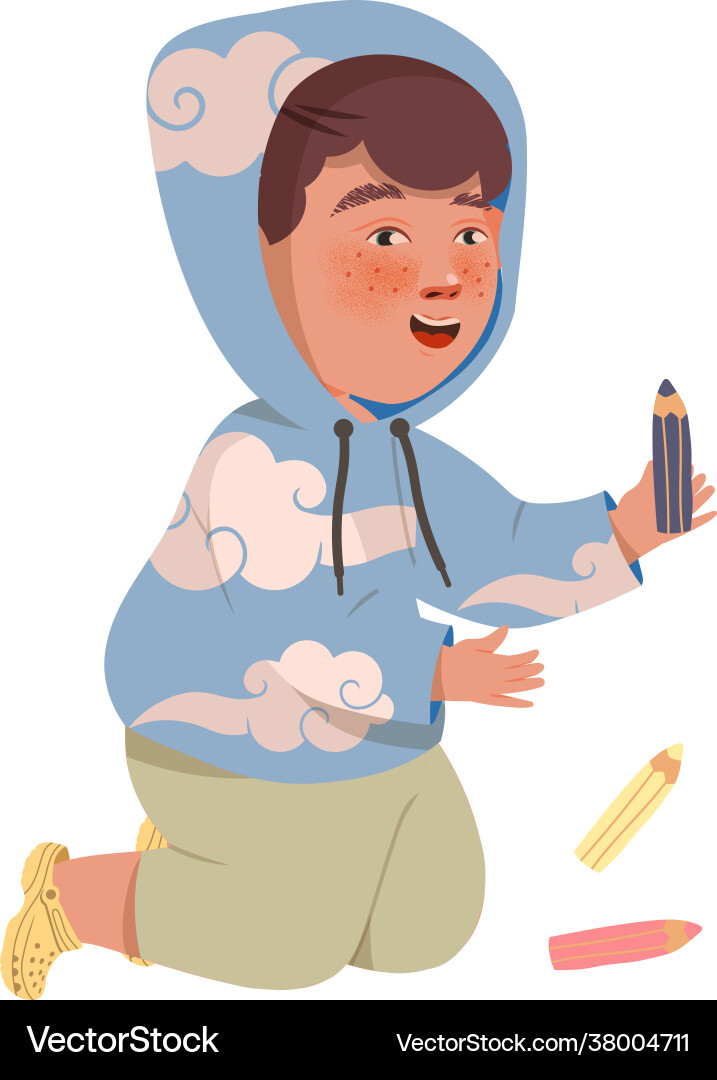 Cute boy drawing with crayons or pencils Vector Image