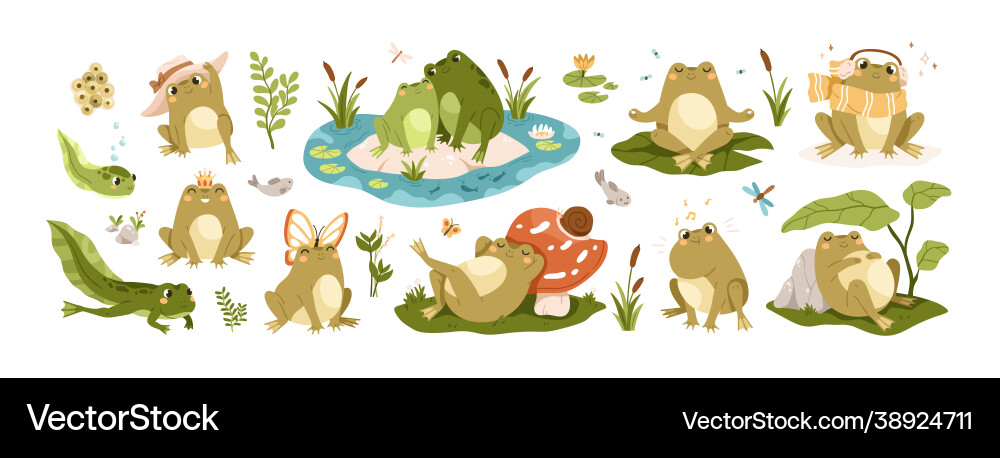 Set happy frogs funny toads and cute tadpoles Vector Image