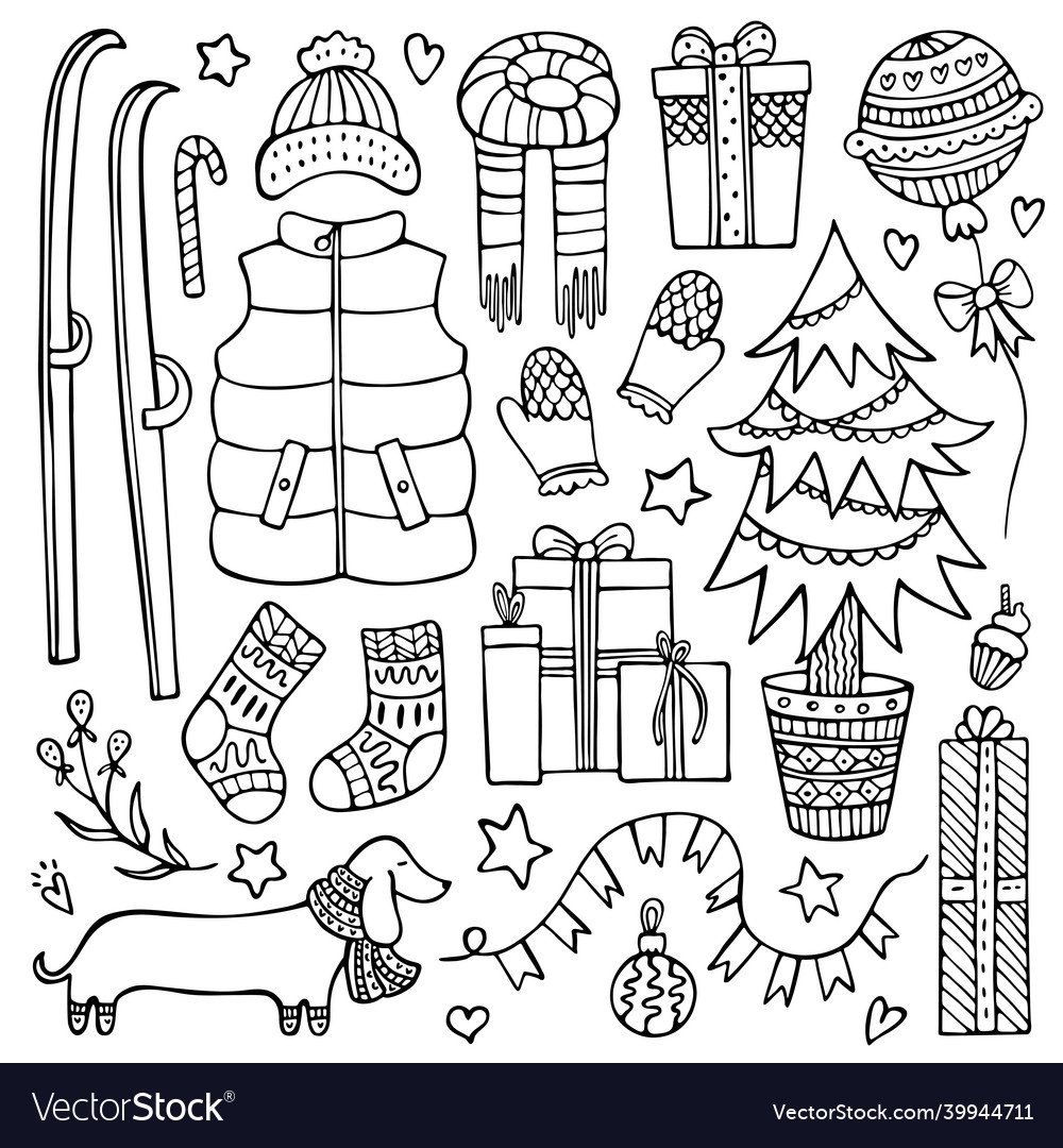 Set of doodle christmas and winter elements Vector Image
