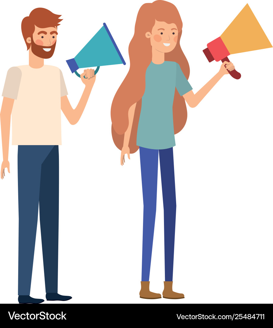 Young couple in with megaphone hand Royalty Free Vector