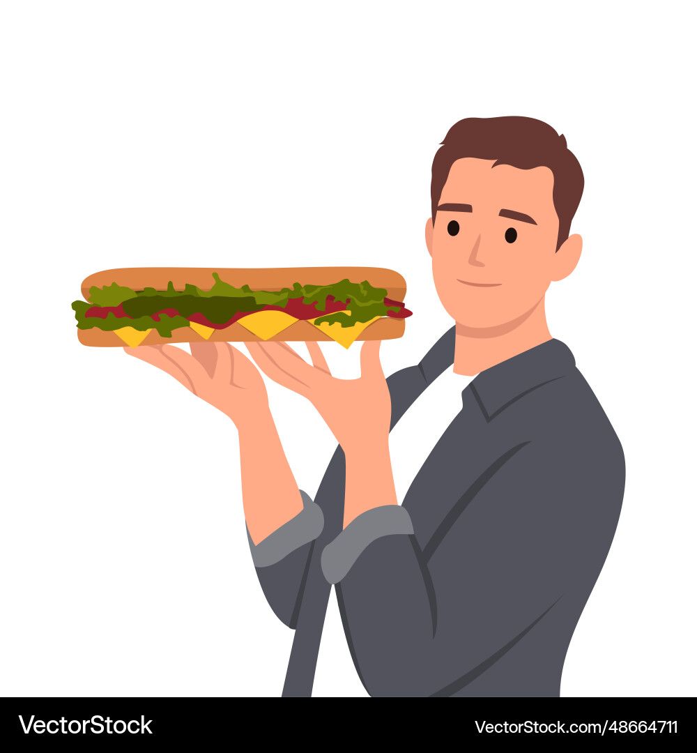 Young man holding a long sandwich with fresh Vector Image