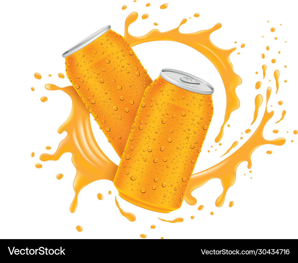 Orange Juice Can Splash With Many Juice Drops Vector Image
