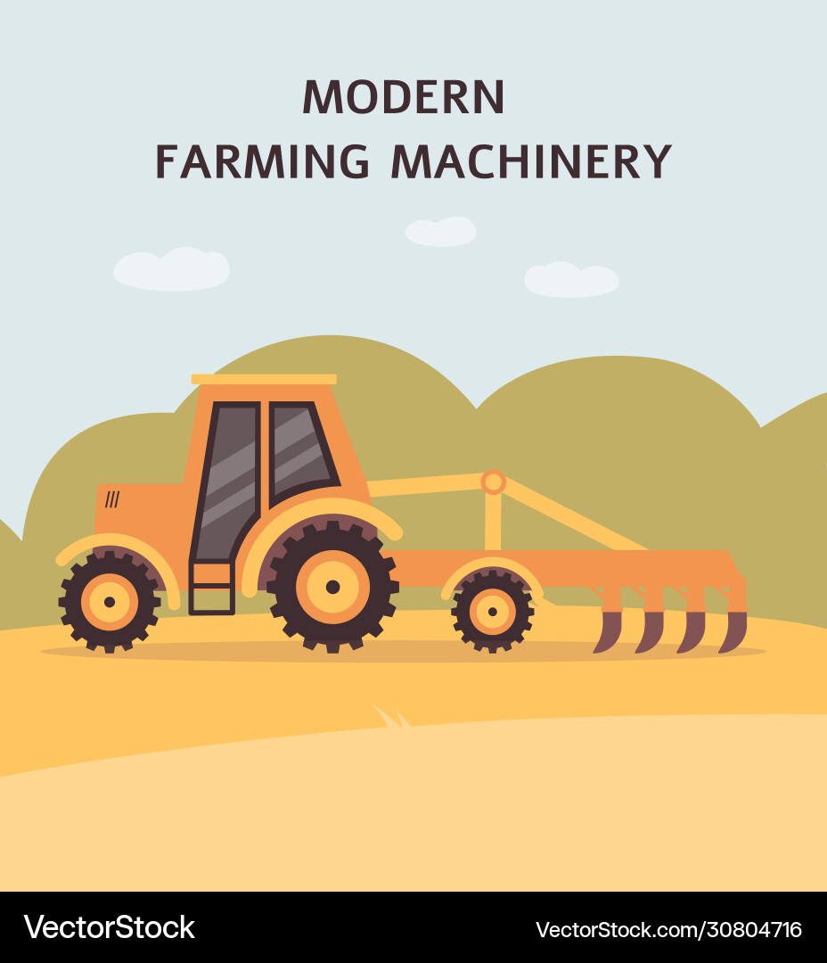 Yellow tractor plowing field - agriculture Vector Image