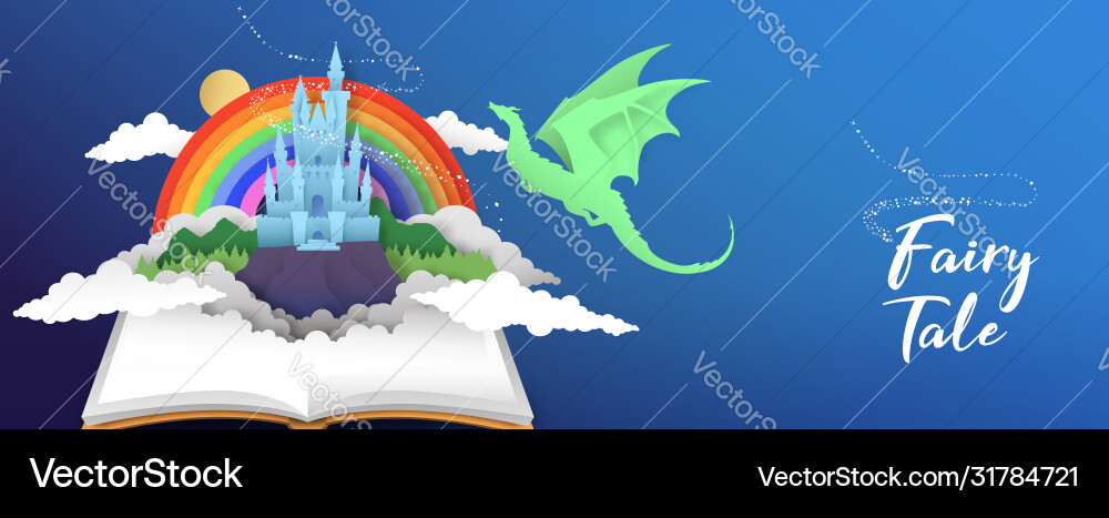Fairy tale book banner papercut castle and dragon Vector Image