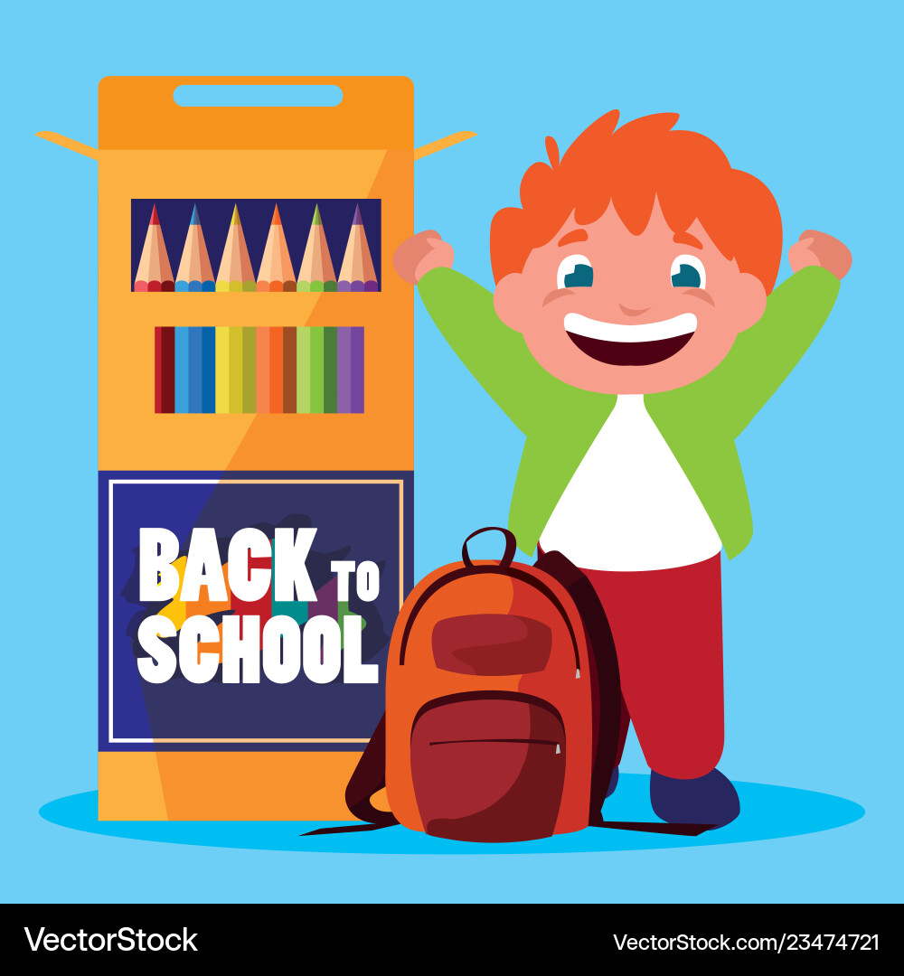 Little student boy with school colors pencils Vector Image