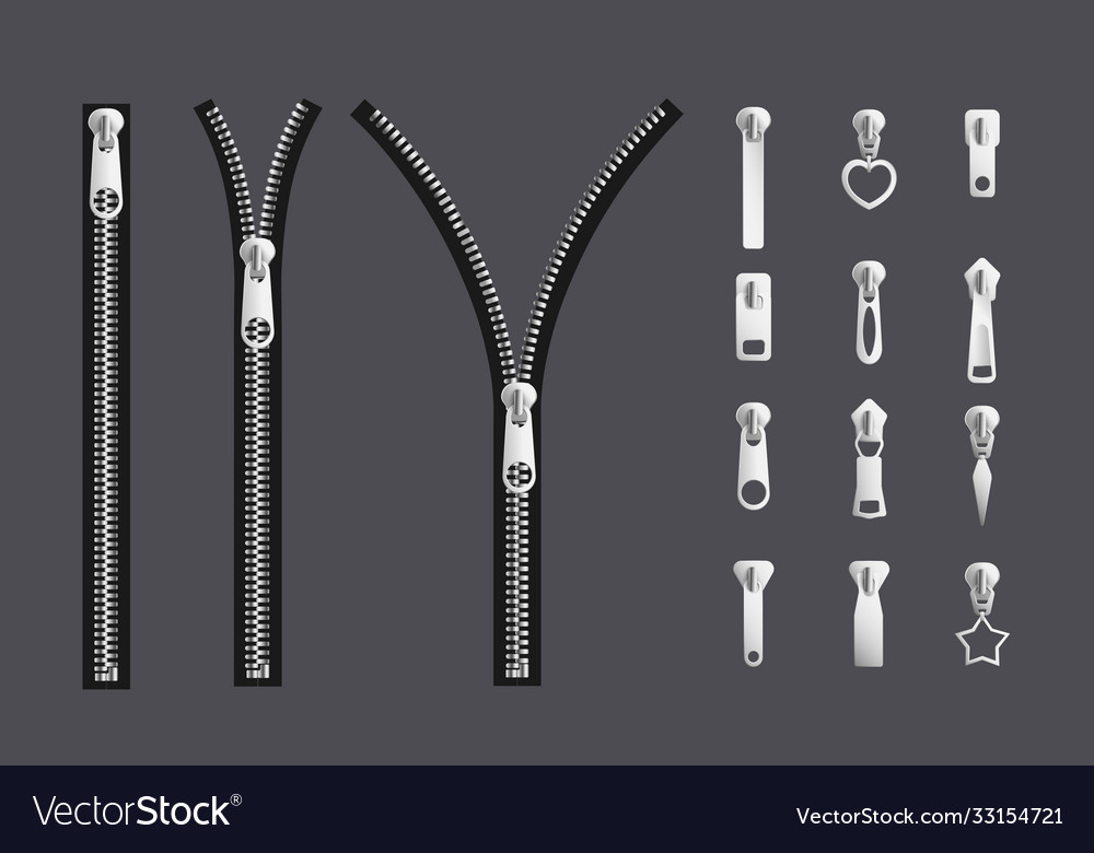Opening and closed zipper its parts - silver Vector Image