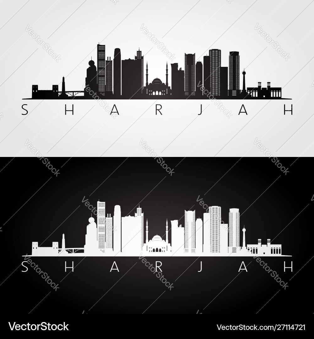Sharjah skyline and landmarks silhouette Vector Image