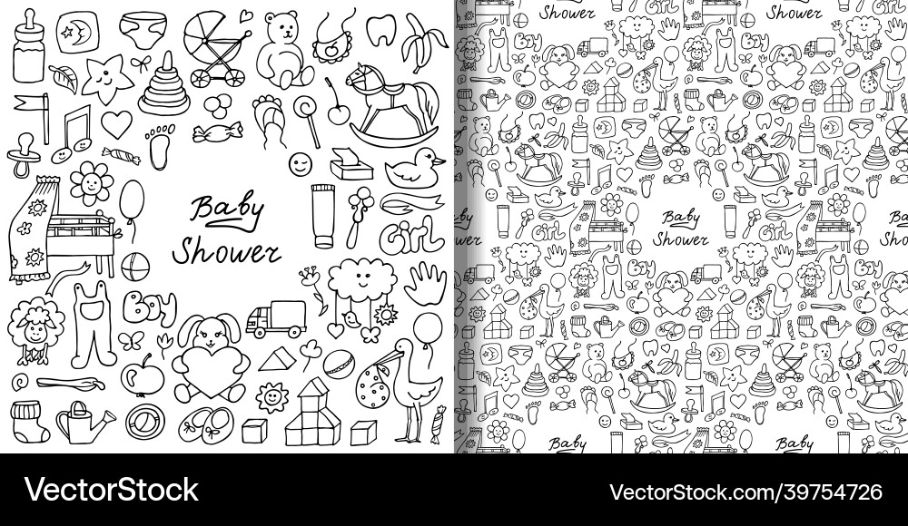 Doodle baby shower print and seamless pattern set Vector Image