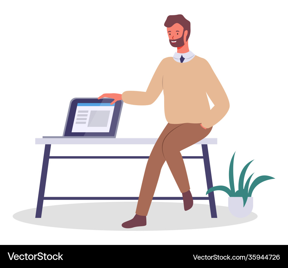 Office worker sitting on a bench with a laptop Vector Image