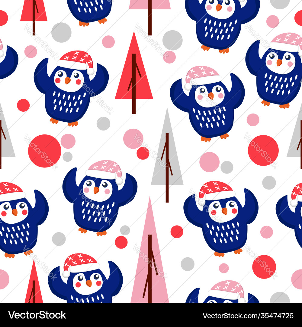 Seamless pattern blue baby penguins in pink red Vector Image