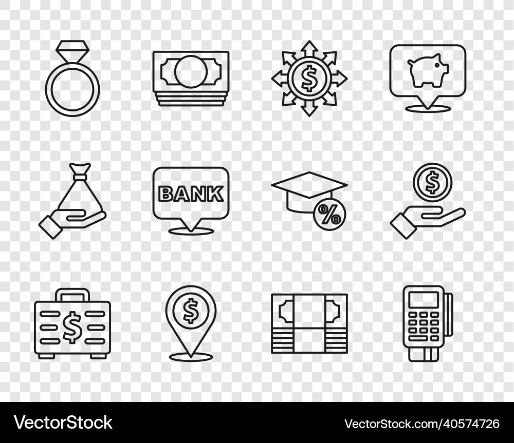 Set line briefcase and money pos terminal Vector Image