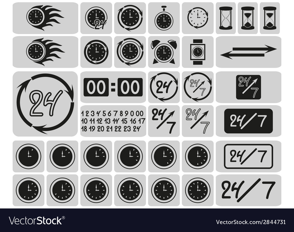 Black clocks icons in the gray squares Royalty Free Vector