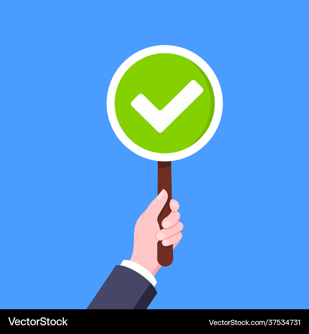 Hand hold check mark tick round banner plate Vector Image