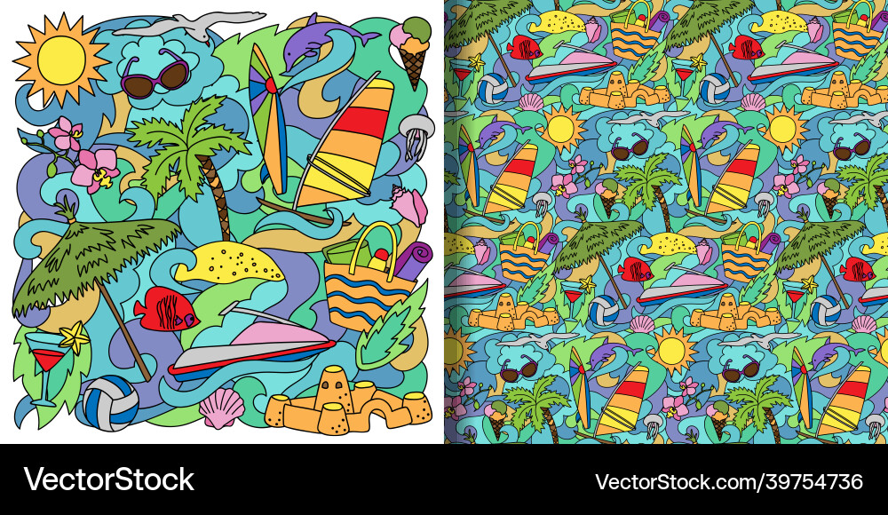 Doodle summer beach print and seamless pattern Vector Image