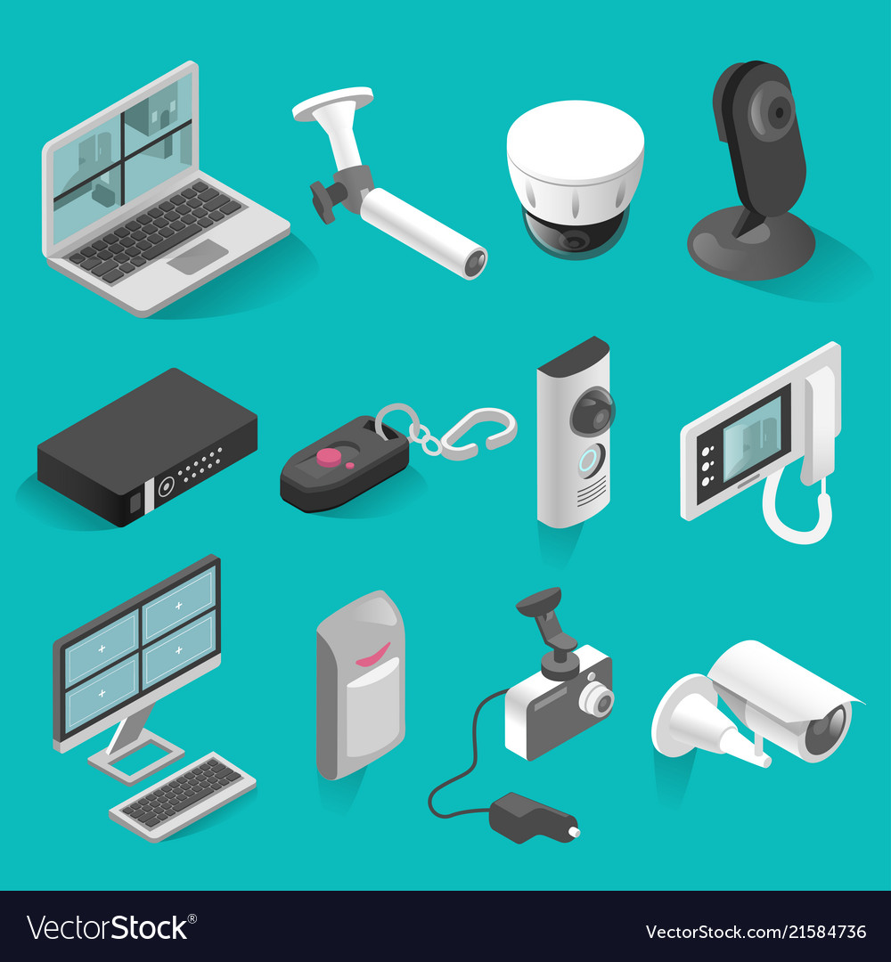 Security system isometric isolated elements Vector Image