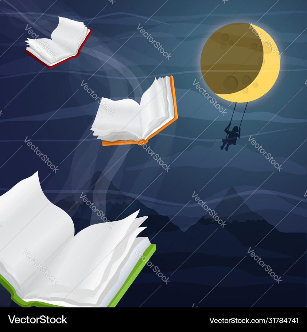 Open books flying in moon sky for reading concept Vector Image