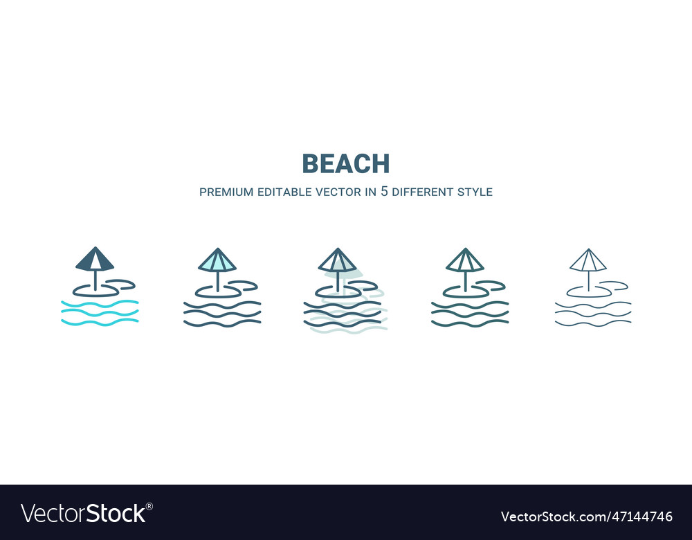 Beach icon in 5 different style outline filled Vector Image