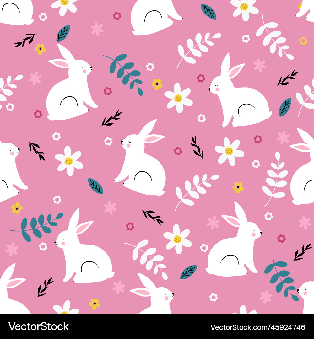 Cute white rabbit flowers and leaves Royalty Free Vector