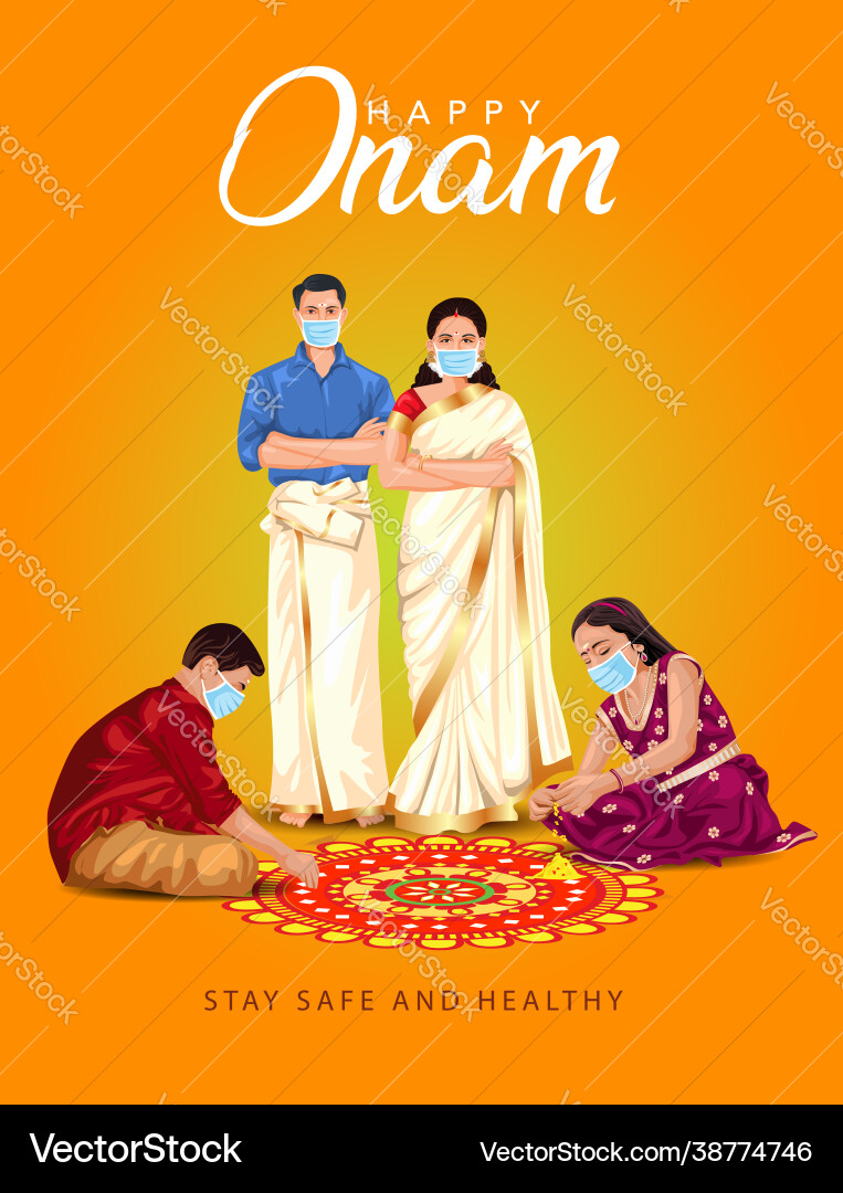 Happy onam greetings kids making pookalam Vector Image