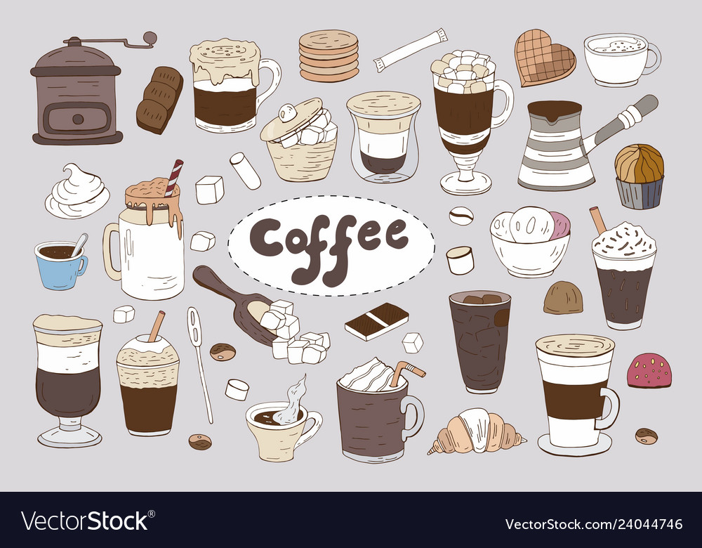 Set of hand drawn different types of coffee Vector Image Set of hand drawn different types of coffee Vector Image