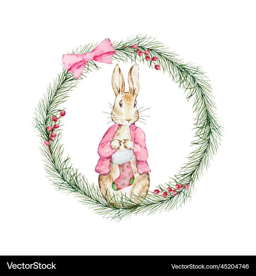 Watercolor peter rabbit with christmas stocking Vector Image