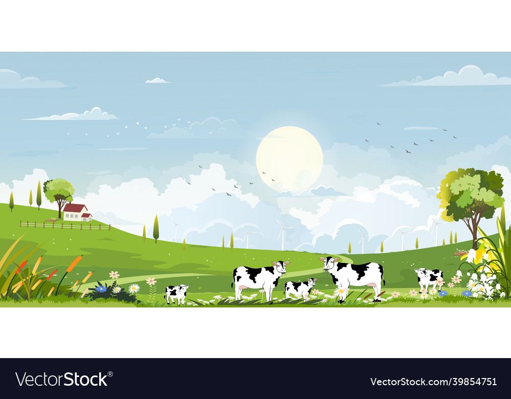 Spring green fields landscape with mountain blue Vector Image