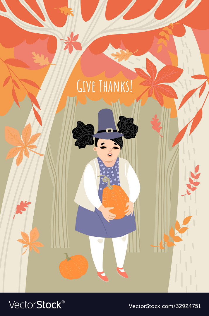 Thanksgiving greeting card with a cute girl Vector Image