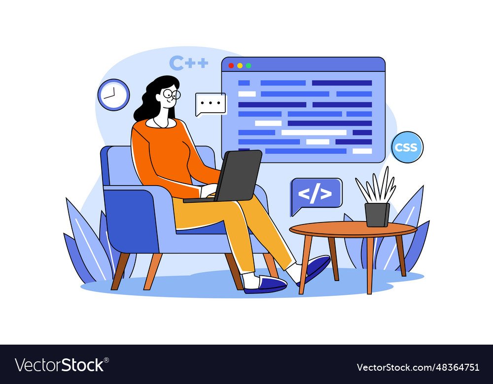 Woman programming on a laptop Royalty Free Vector Image