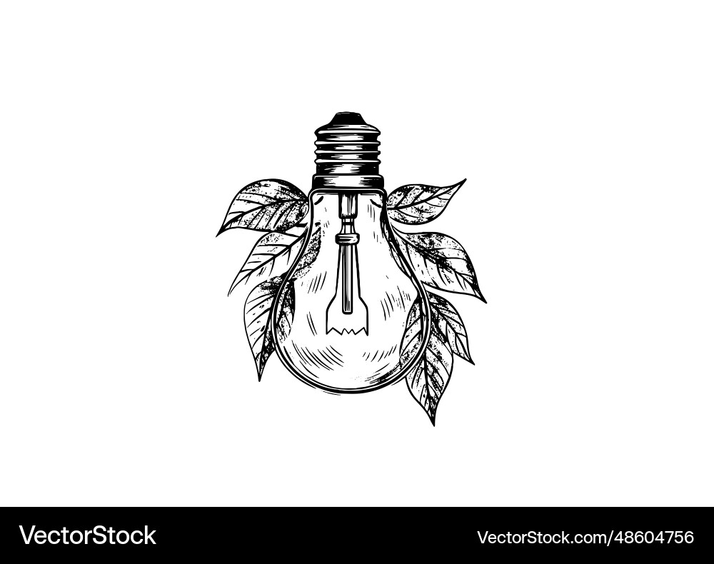 Engraving light bulb with leaves vintage engraved Vector Image