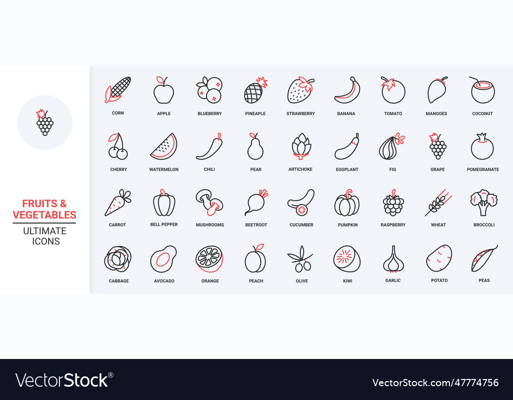 Fruit and vegetable red black thin line icons set Vector Image