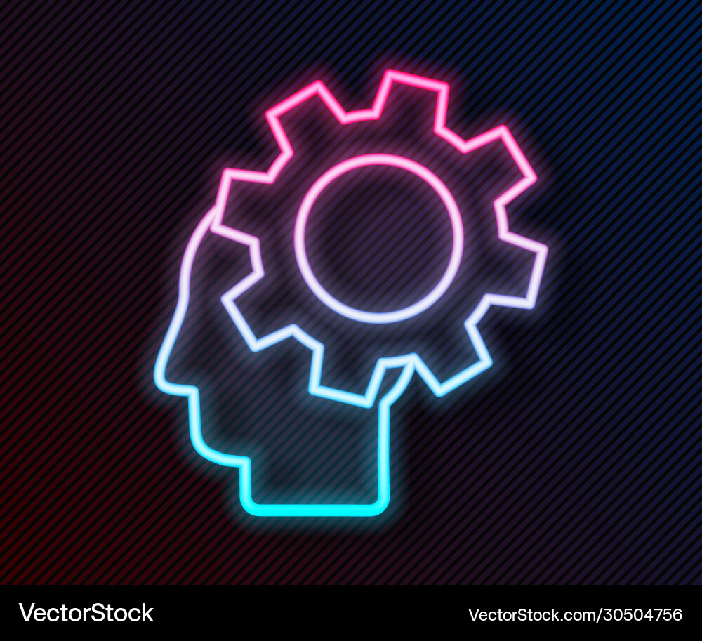 Glowing neon line human head with gear inside icon
