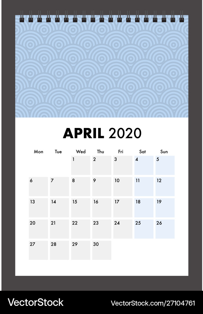 April 2020 calendar with wire band Royalty Free Vector Image
