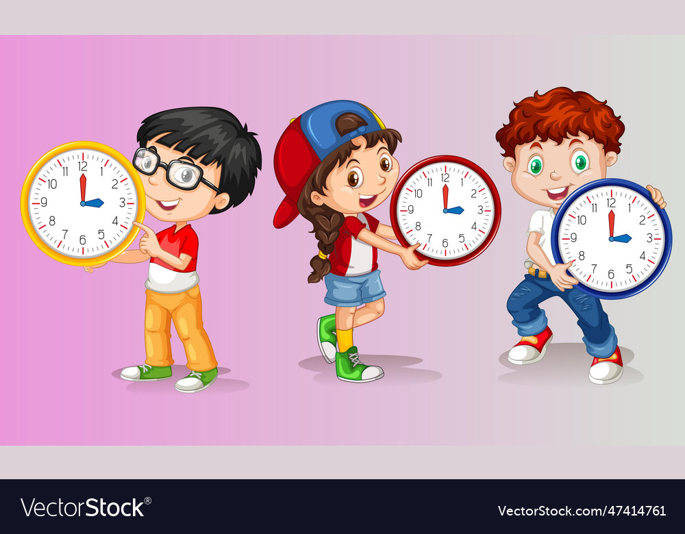 Children holding clock on gradient background Vector Image
