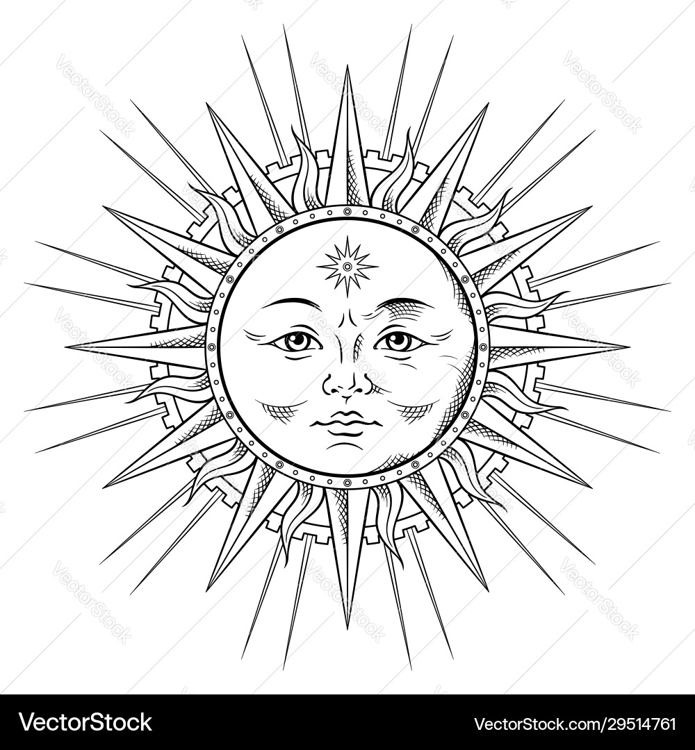Line art sun in antique stule hand drawn Vector Image